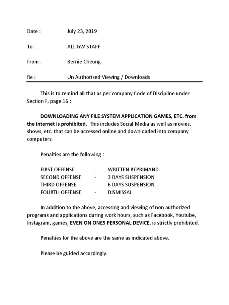 Memo On Prohibited Downloads | PDF