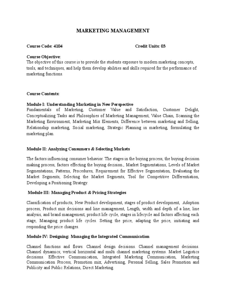MBA Marketing Management Syllabus | PDF | Market Segmentation | Marketing