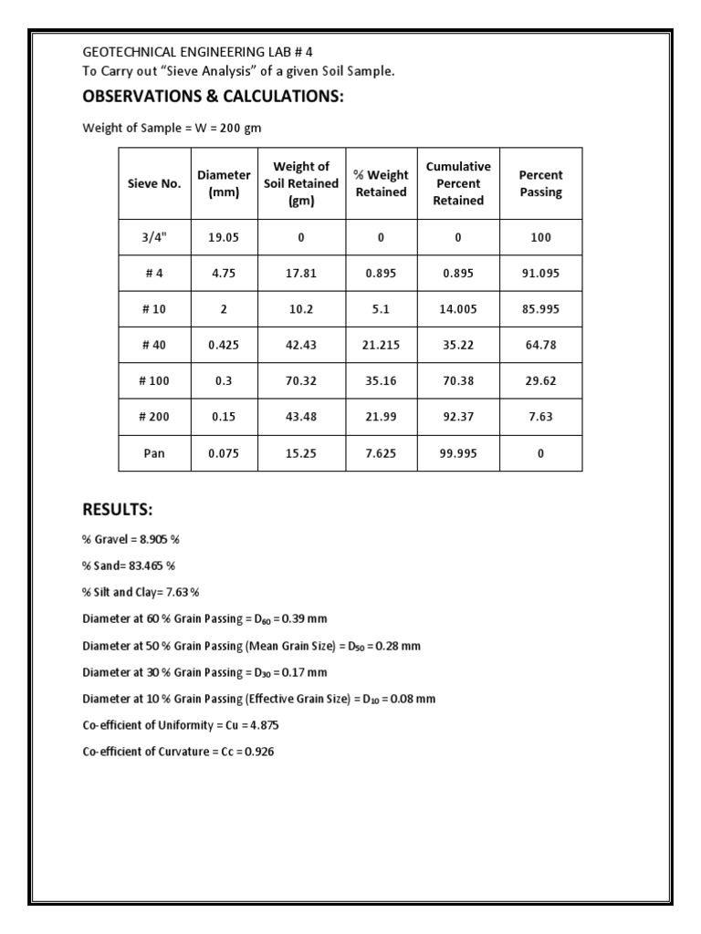 Observations & Calculations:: Geotechnical Engineering Lab # 4 To Carry Out "Sieve Analysis" of ...