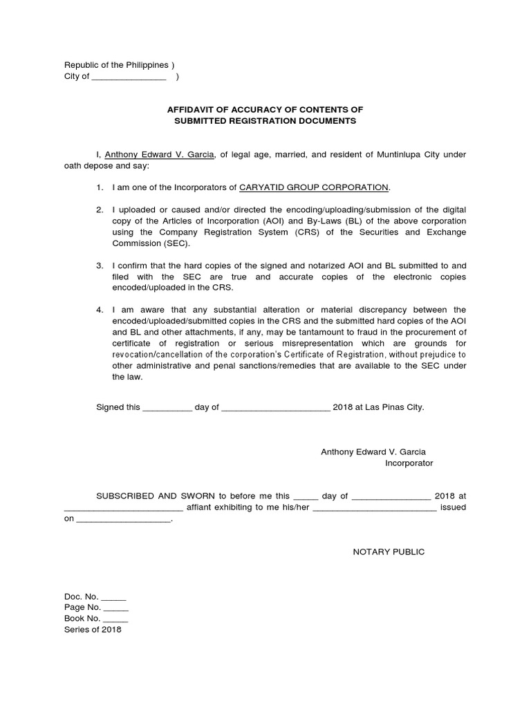 Affidavit of Accuracy of Contents of Submitted Registration Documents | PDF