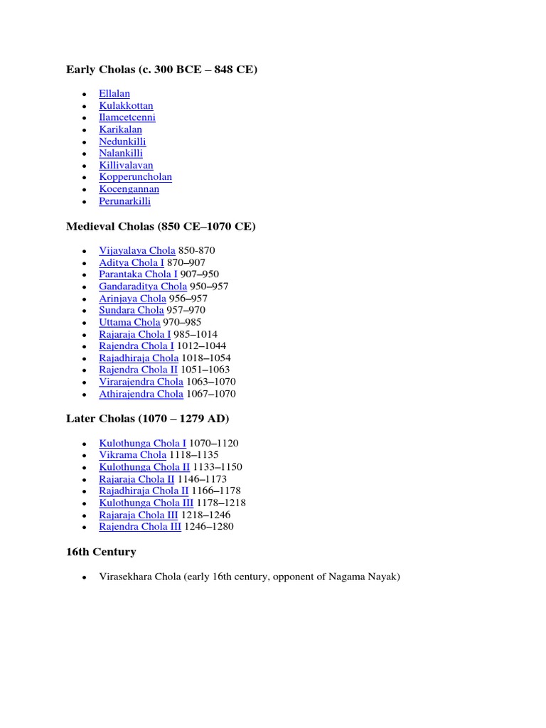 A Chronological Listing of Chola Dynasty Rulers from Early to Late ...