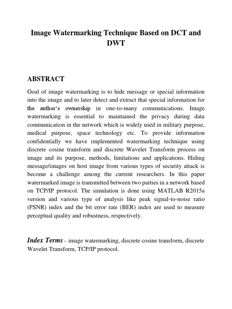 Image Watermarking Technique Based On DCT and DWT: Index Terms | PDF