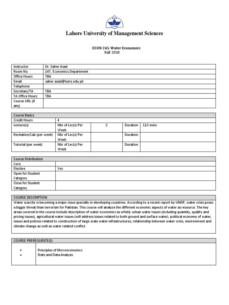 ECON 245 - Water Economics - Saher Asad | PDF | Water Scarcity | Economics