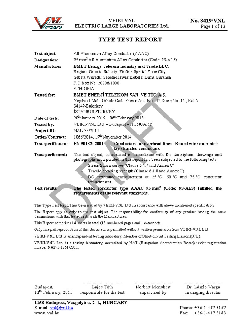 AAAC Test Report 95mm | PDF | Electrical Resistance And Conductance ...