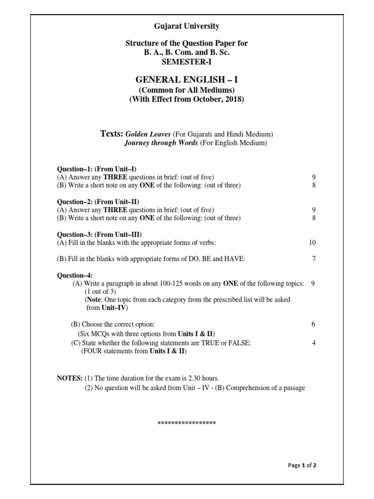 Revised Paper Style BA BCom BSC SEM 1 & 2 General English OLD | PDF ...
