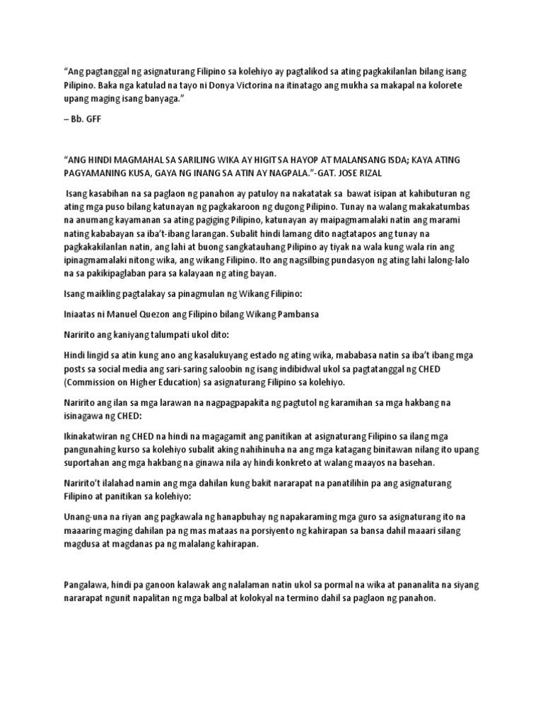 Ang Pagtanggal NG Asignaturang Filipino Sa Kolehiyo Ay Pagtalikod Sa ...