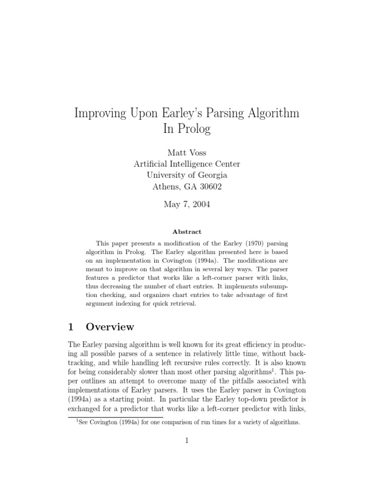 Improving Upon Earley's Parsing Algorithm in Prolog | PDF | Parsing ...