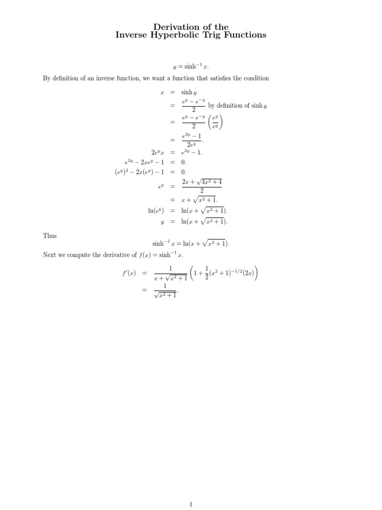 Derivation of The Inverse Hyperbolic Trig Functions: y Sinh X | PDF | Combinatorics | Elementary ...