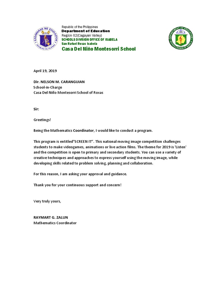 Request Letter For The School Head | PDF | Cognition | Learning