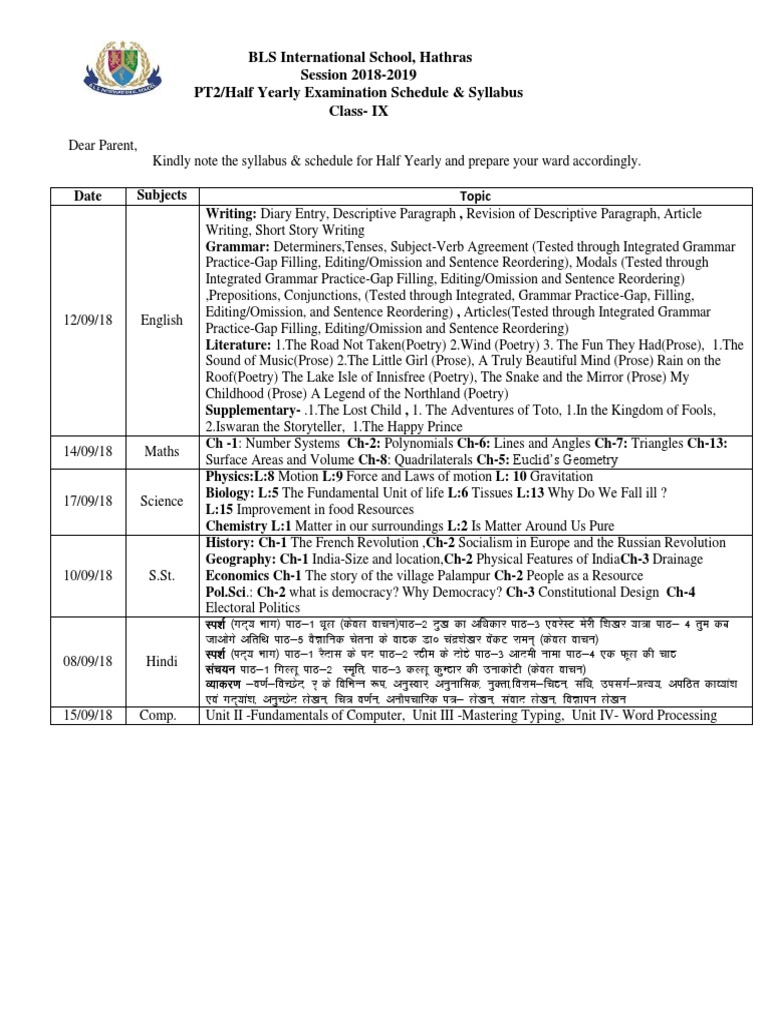 BLS International School, Hathras Session 2018-2019 PT2/Half Yearly Examination Schedule ...