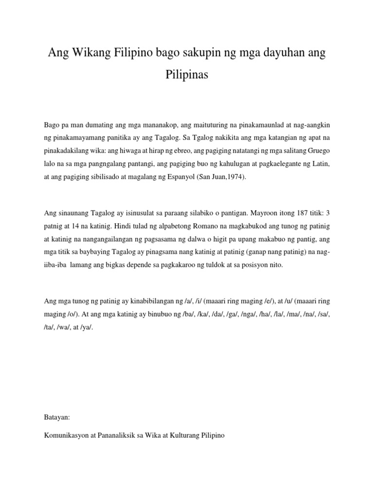 Ano Ang Wikang Filipino Bago Dumating Ang Mga Dayuhan | PDF Ano Ang Wikang Filipino Bago Dumating Ang Mga Dayuhan | PDF