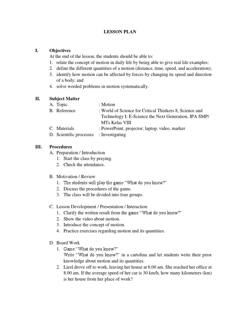 1. Lesson Plan - Motion.docx | Speed | Acceleration