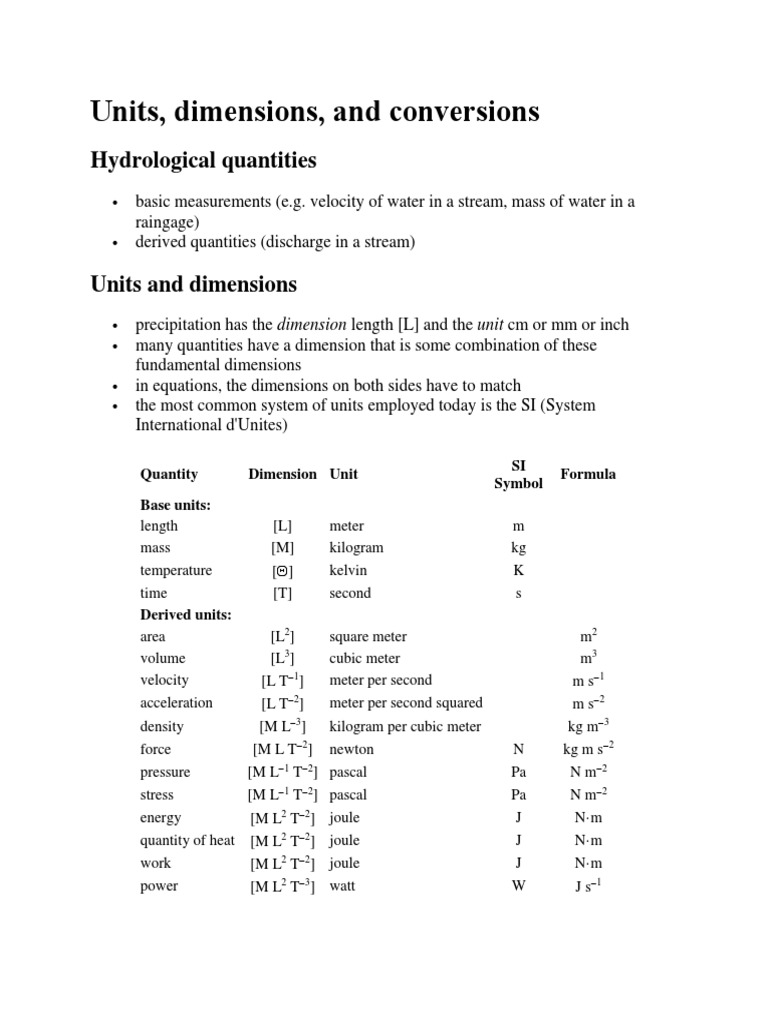 Units, Dimensions, and Conversions: Hydrological Quantities | PDF ...
