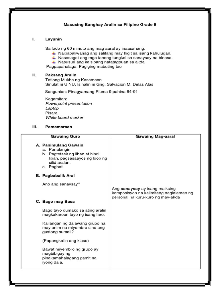 Masusing Banghay Aralin Sa Filipino Grade 9 | PDF