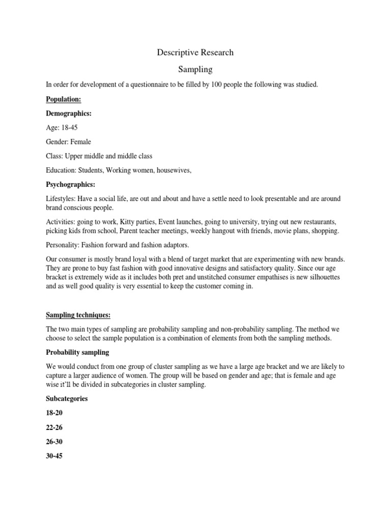 Descriptive Research Sampling: Population: Demographics | PDF