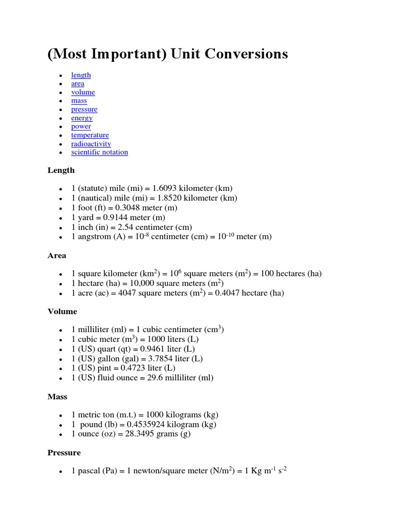 Most Important) Unit Conversions | PDF | Litre | Gallon