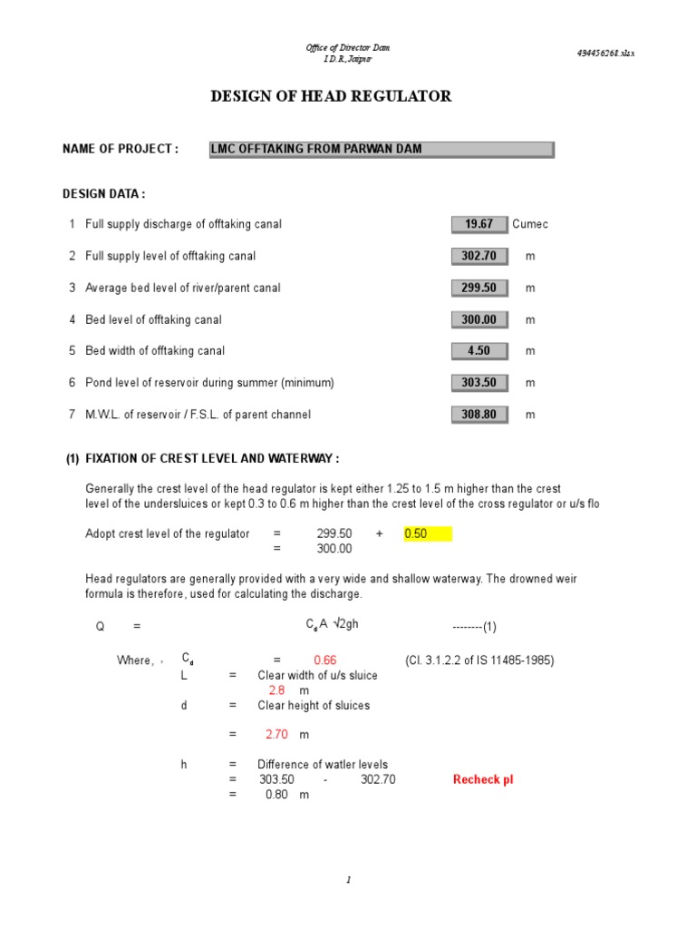 Design of Head Regulator: Name of Project: LMC Offtaking From Parwan ...