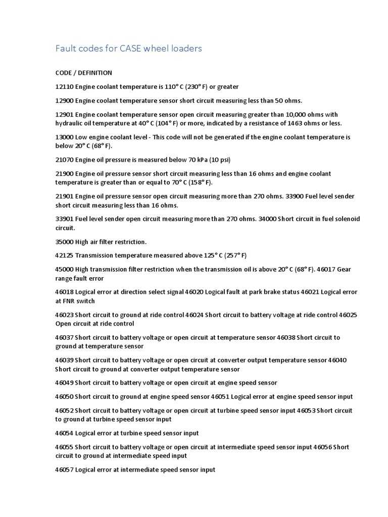 CASE Wheel Loader Fault Codes List | PDF | Fuel Injection | Sensor