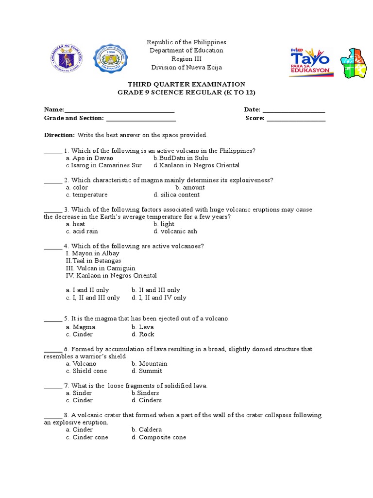 Third Quarter Examination Grade 9 Regular | PDF | Volcano | Water Vapor