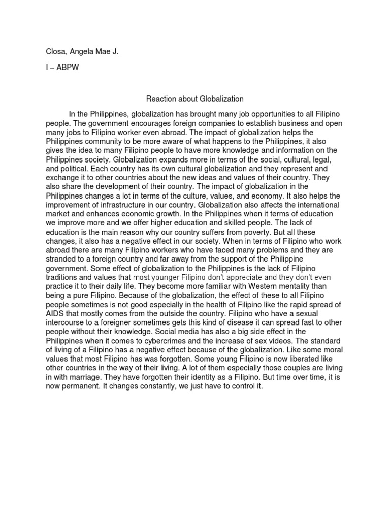 Reaction Paper | PDF | Globalization | Philippines