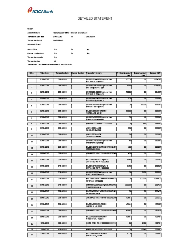 ICICI Bank Statement | PDF | Cheque | Institutional Investors
