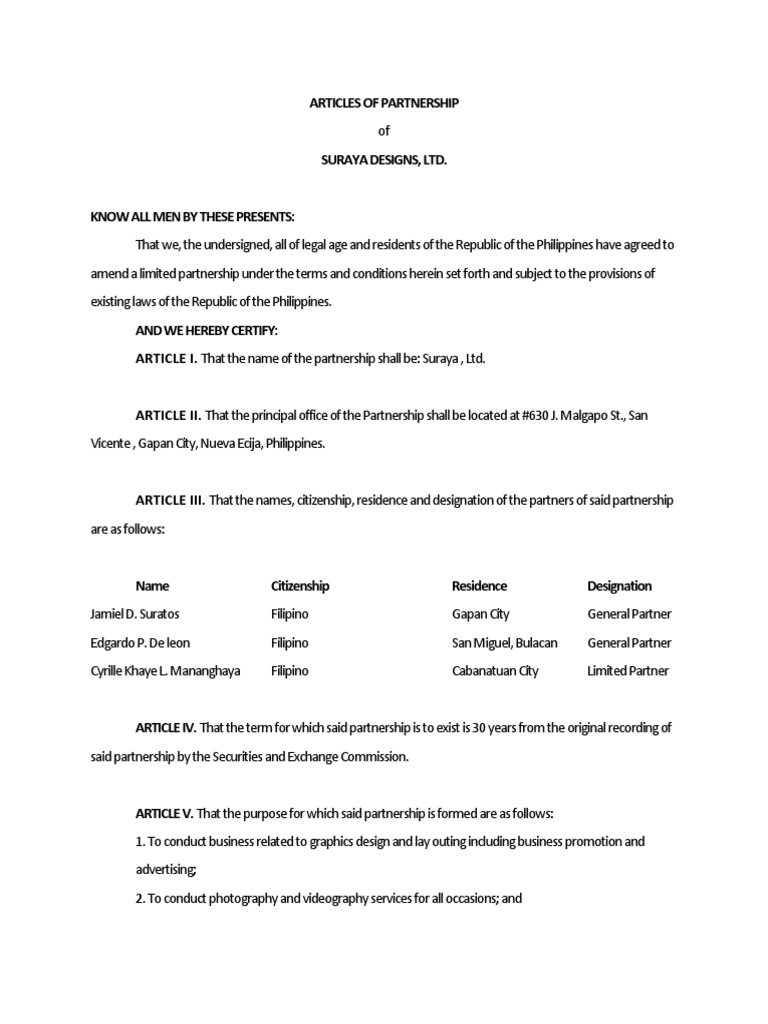 Articles of Partnership for Suraya Designs | PDF | Limited Partnership ...