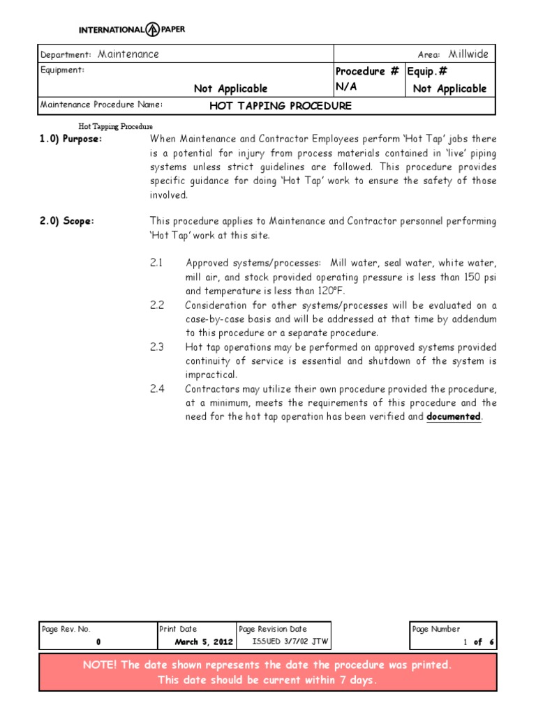 Maintenance Millwide: Not Applicable Procedure # N/A Equip.# Not Applicable Hot Tapping ...
