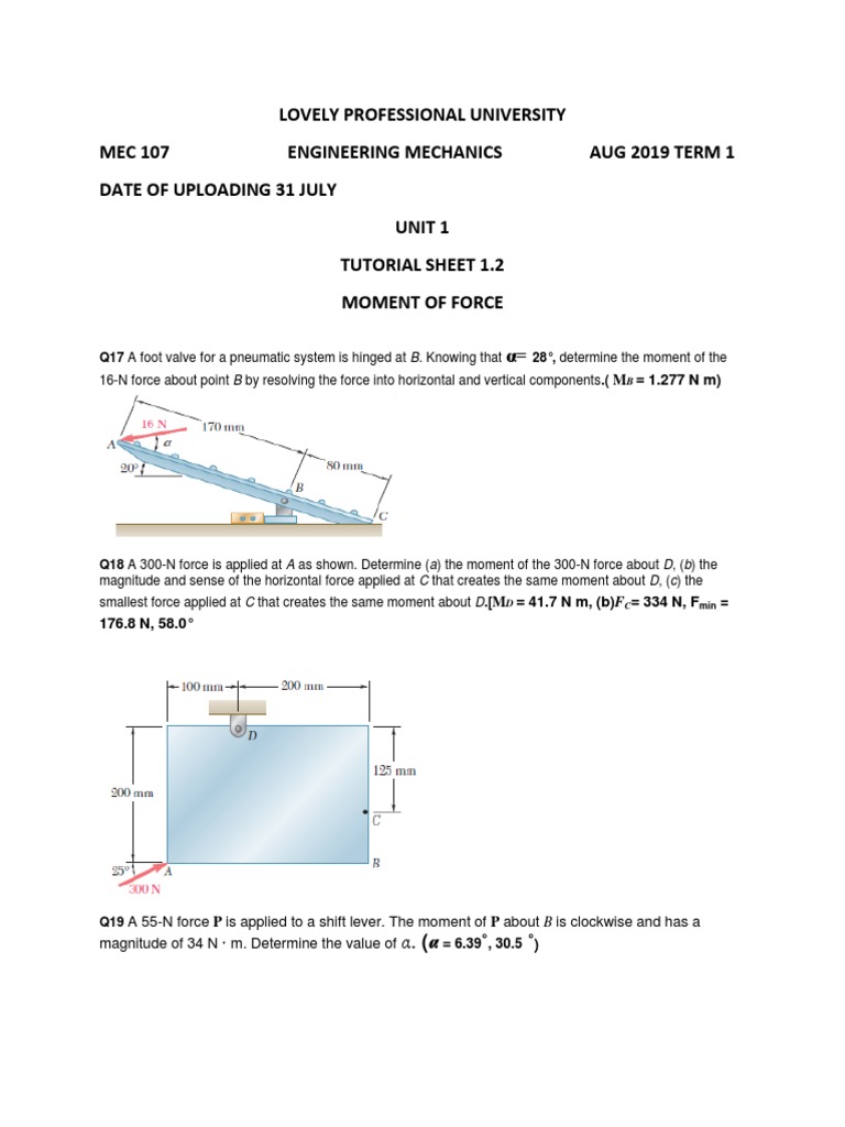 Engineering Mechanics Tutorial on Moments | PDF | Tension (Physics) | Force