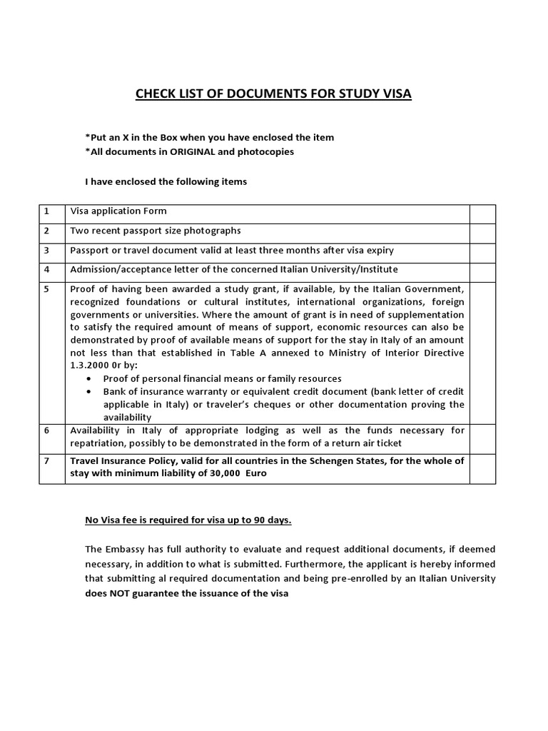 Study Visa Check List | PDF