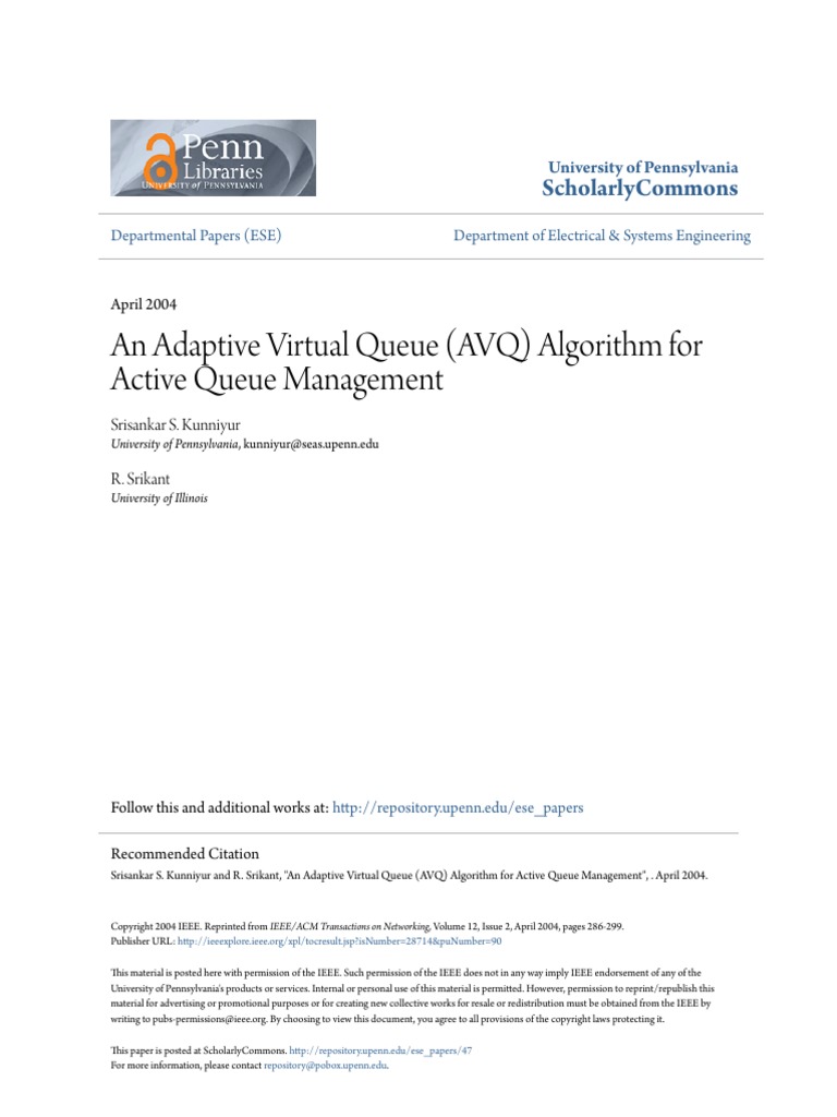 An Adaptive Virtual Queue (AVQ) Algorithm For Active Queue Management | PDF | Network Congestion ...