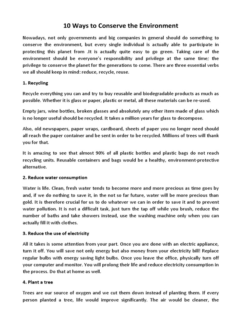 10 Ways To Conserve The Environment | PDF | Reuse | Recycling