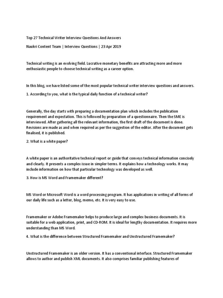 Top 27 Technical Writer Interview Questions and Answers | PDF | Html | Application Programming ...