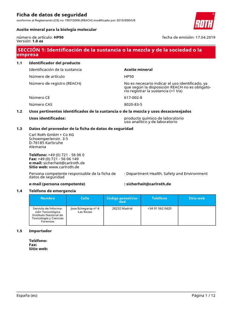 Hoja de Seguridad Aceite Mineral | PDF | Toxicidad | Residuos