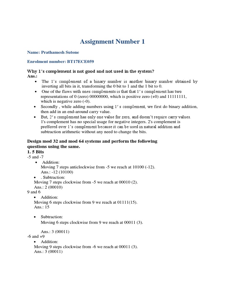 Assignment Number 1: Why 1's Complement Is Not Good and Not Used in The System? | PDF