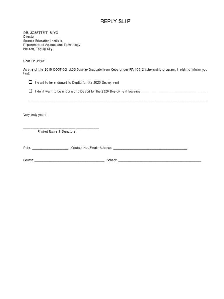 Reply Slip - 2020 Deployment PDF | PDF