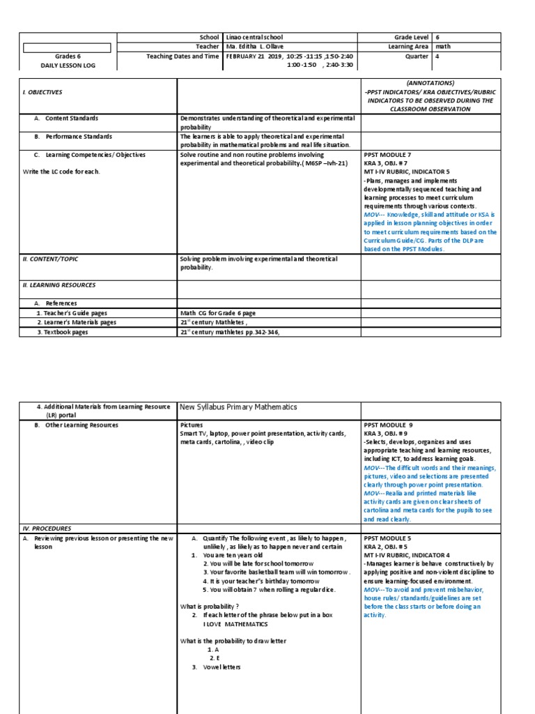 Cot - DLP - Mathematics 6 by Teacher Ma. Editha L. Ollave | PDF | Curriculum | Pedagogy