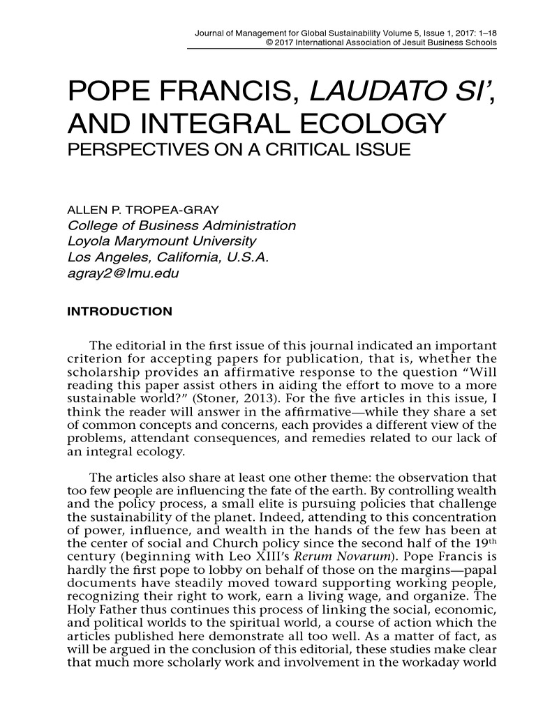 Pope Francis, Laudato Si', and Integral Ecology Perspectives On A ...