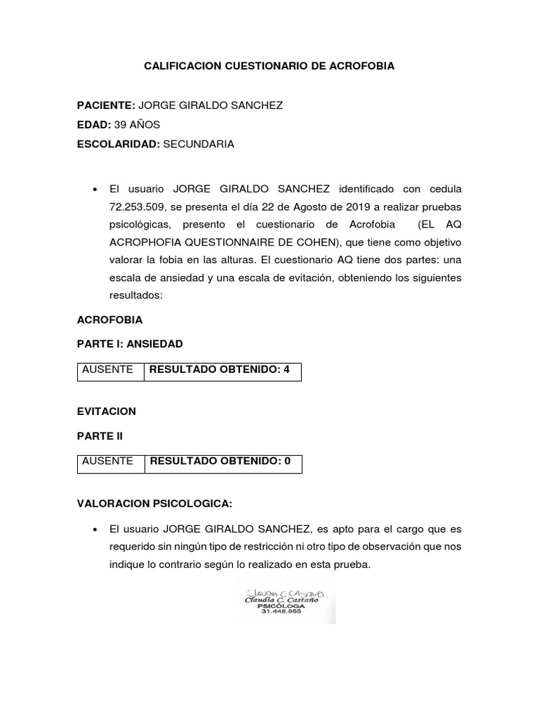 Resultados del Test de Acrofobia | PDF