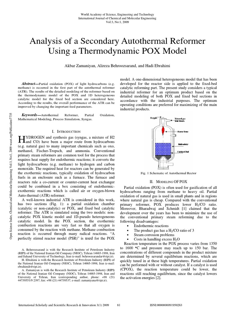 Analysis of A Secondary Autothermal Reformer Using A Thermodynamic POX ...
