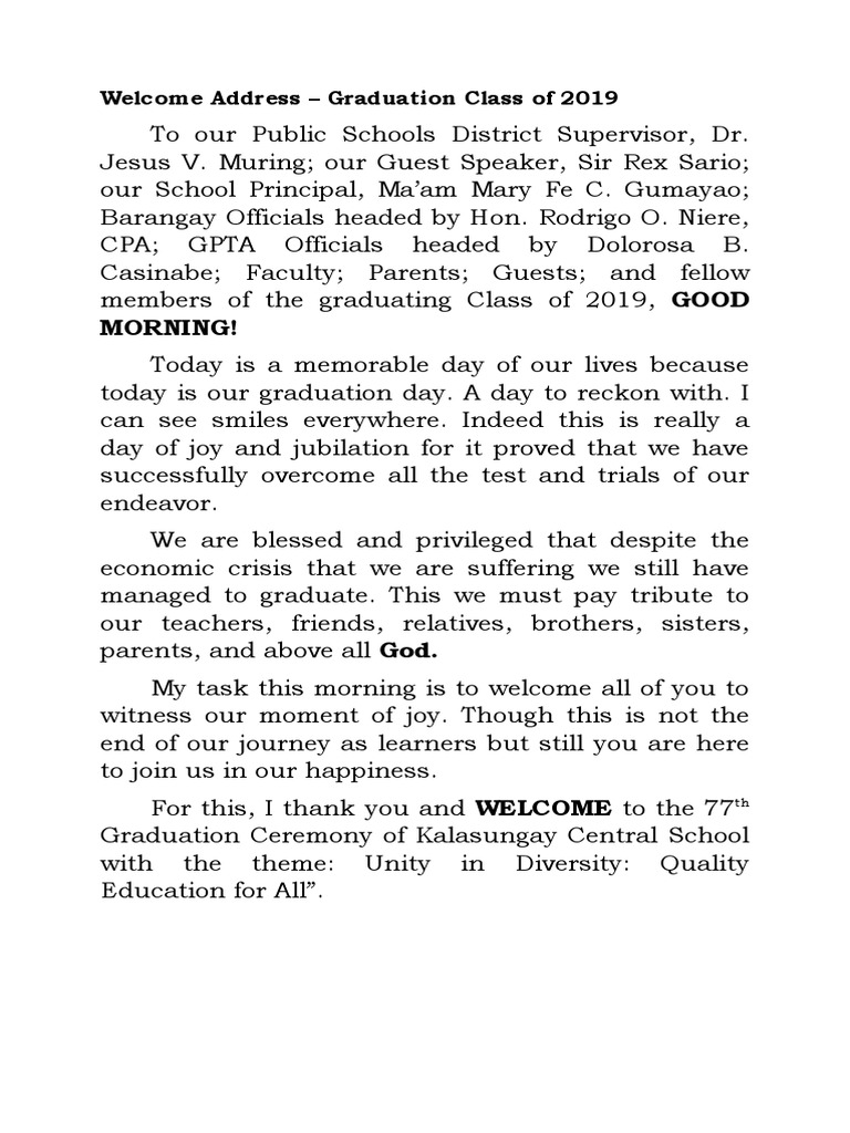 Morning!: Welcome Address - Graduation Class of 2019 | PDF