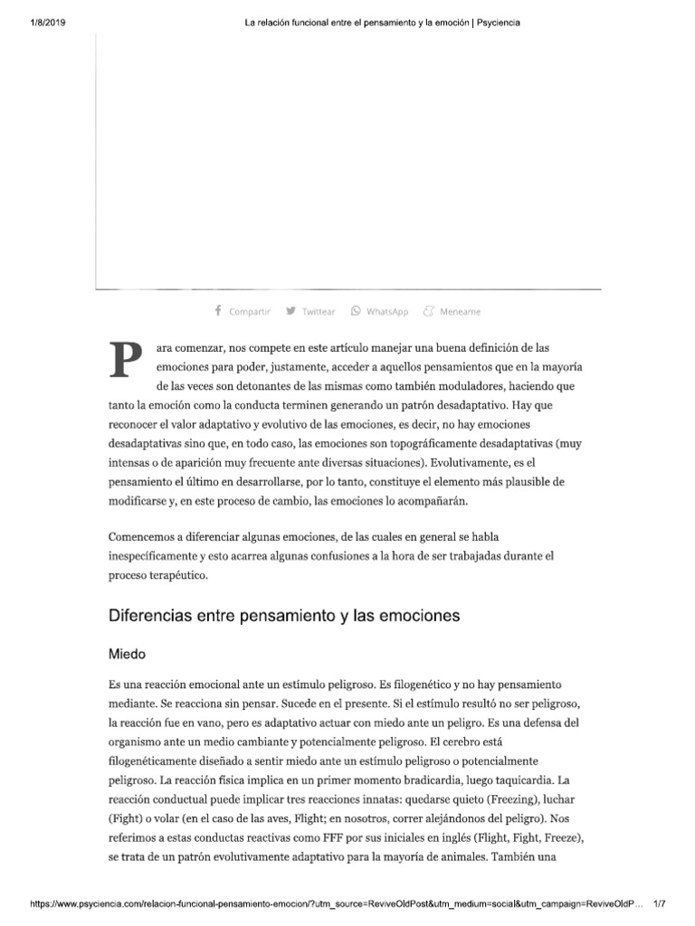 La Relación Funcional Entre Pensamiento Y Emoción Rivadeneira Minici