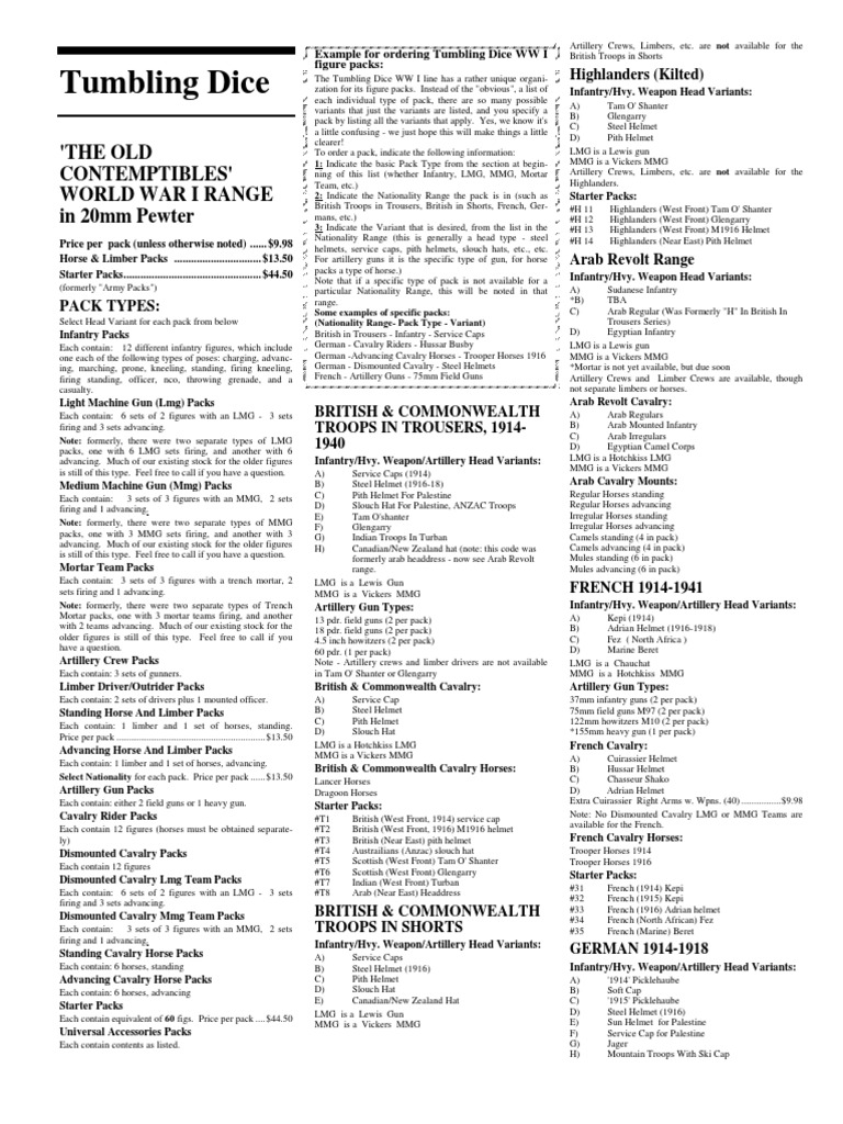 Tumbling Dice: 'The Old Contemptibles' World War I Range in 20mm Pewter | PDF | Cavalry | Infantry