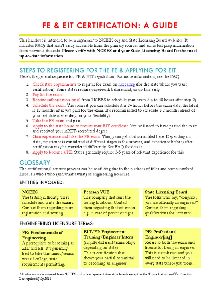 Fe & Eit Certification: A Guide: Steps To Registering For The Fe & Applying For Eit | PDF ...