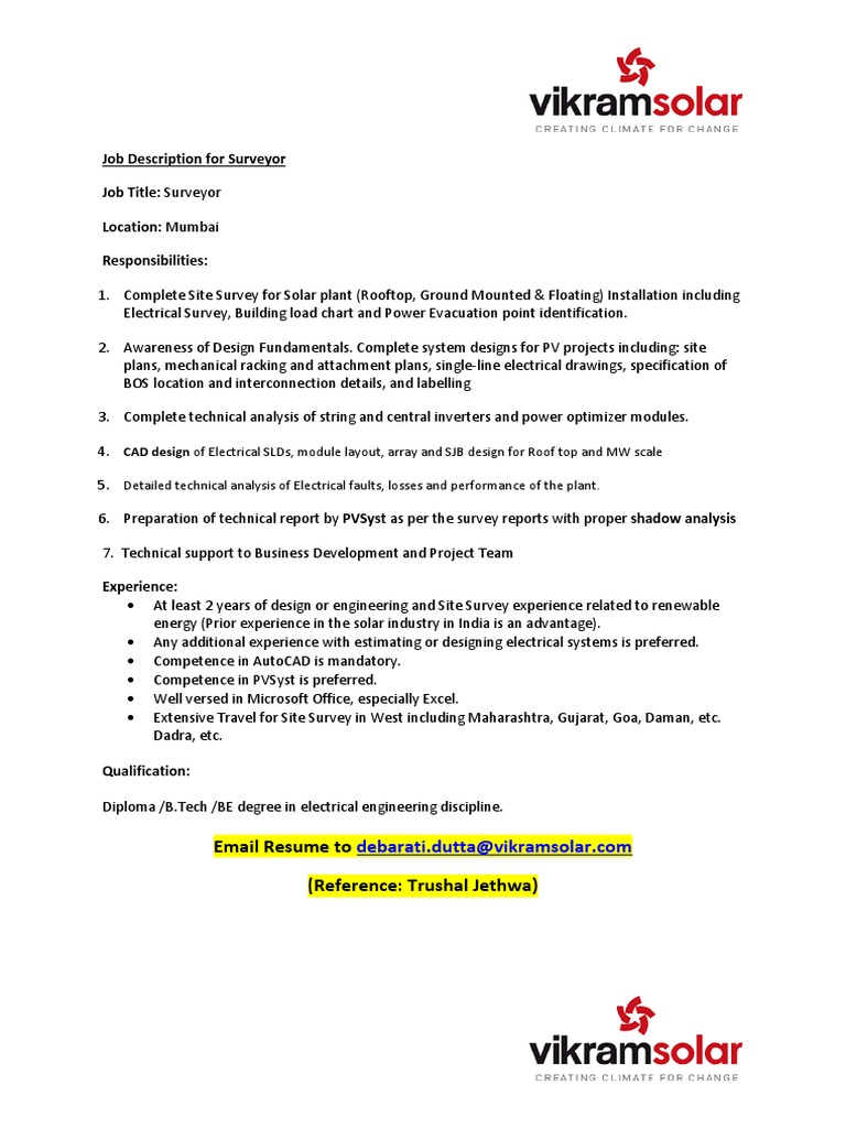 Surveyor Job Opening at Vikram Solar | PDF | Technology & Engineering