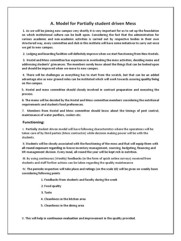A. Model For Partially Student Driven Mess: Functioning | PDF | Kitchen ...