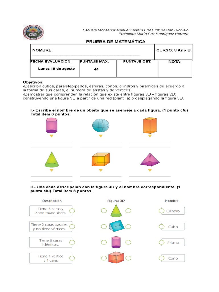 Prueba de Figuras 2D y 3D - Tercero Básico | PDF | Euclides | Geometria ...