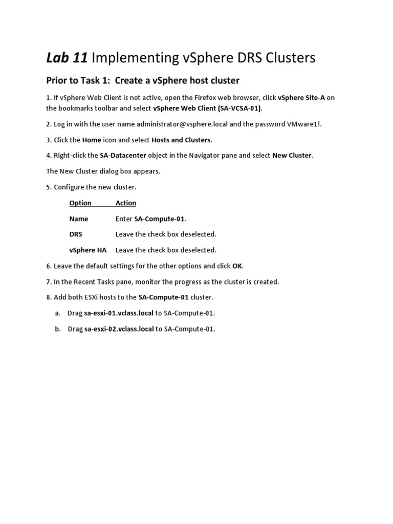 Lab 11 Implementing Vsphere Drs Clusters: Prior To Task 1: Create A ...