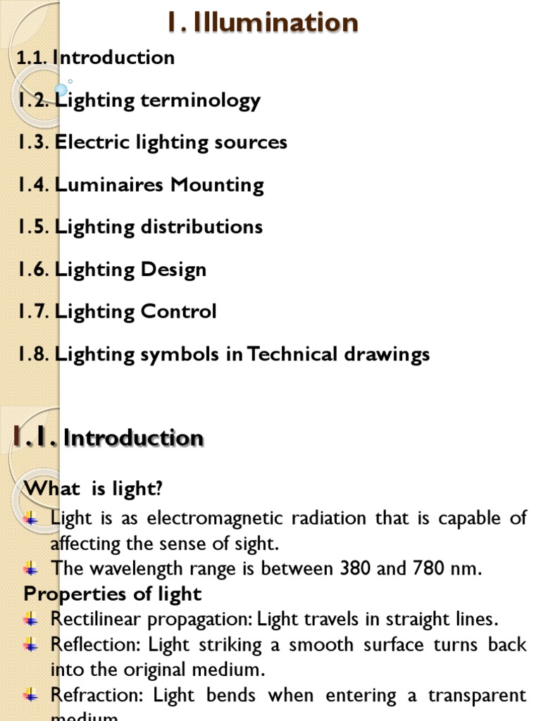 1.2. Lighting Terminology 1.3. Electric Lighting Sources 1.4 ...