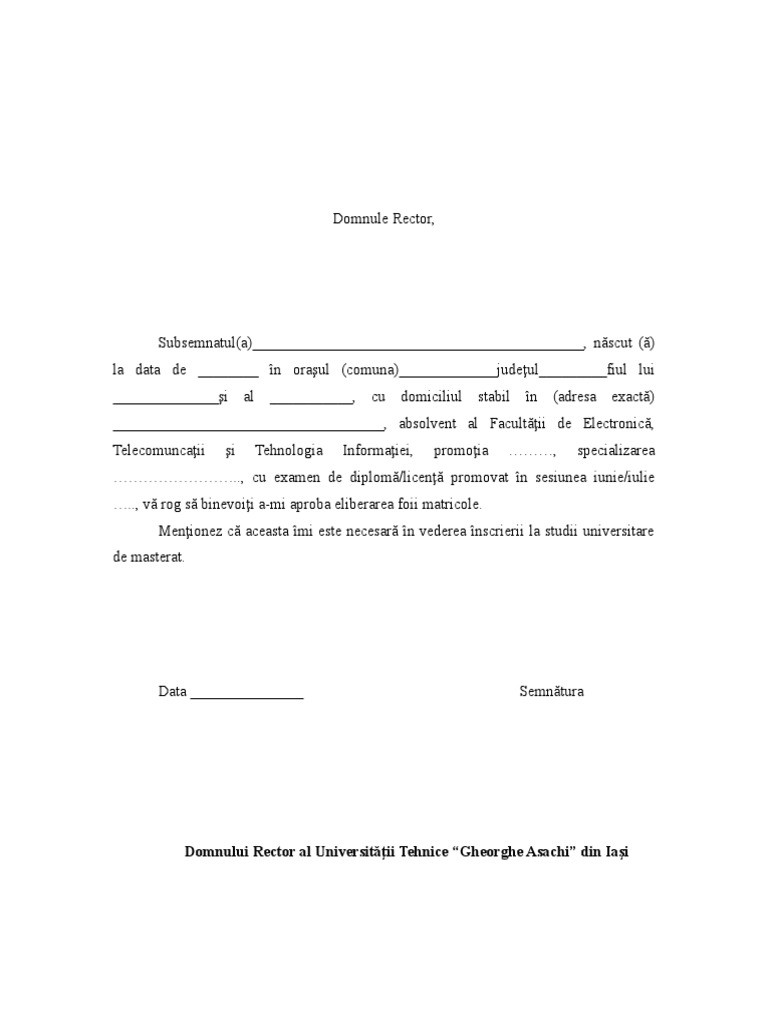 Cerere Eliberare Foaie Matricola Inscriere Masterat | PDF