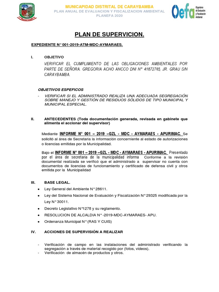 Modelo Plan de Supervisión Municipalidad Oefa | PDF | Gobierno | Business